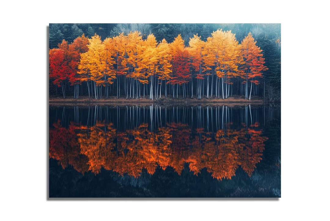 Mirror Lake Autumn Reflection Art Print 71x89 Cm, Vibrant Fall Trees ...