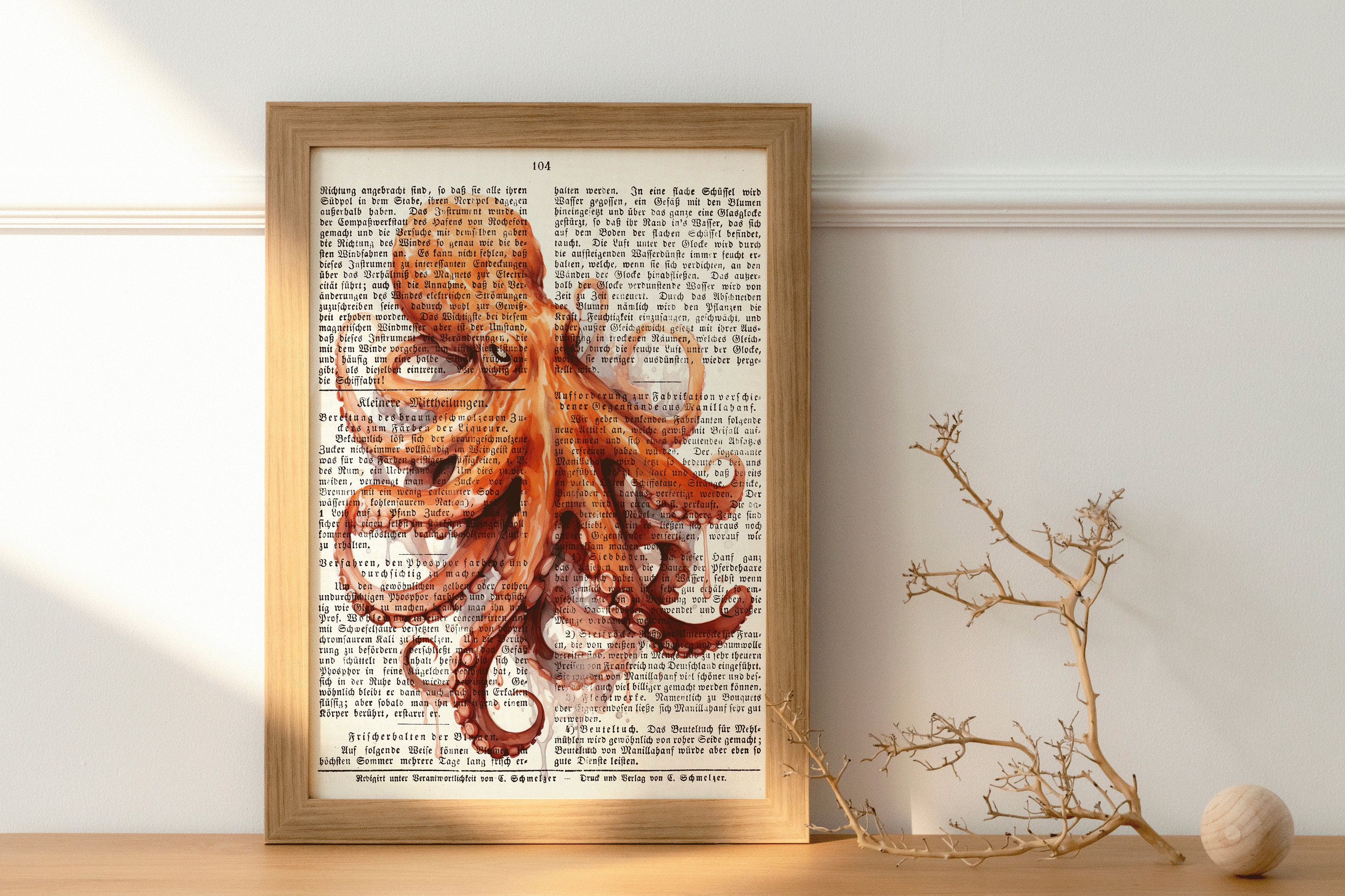 Antique Book Page Print With Watercolor Octopus Vintage - Etsy