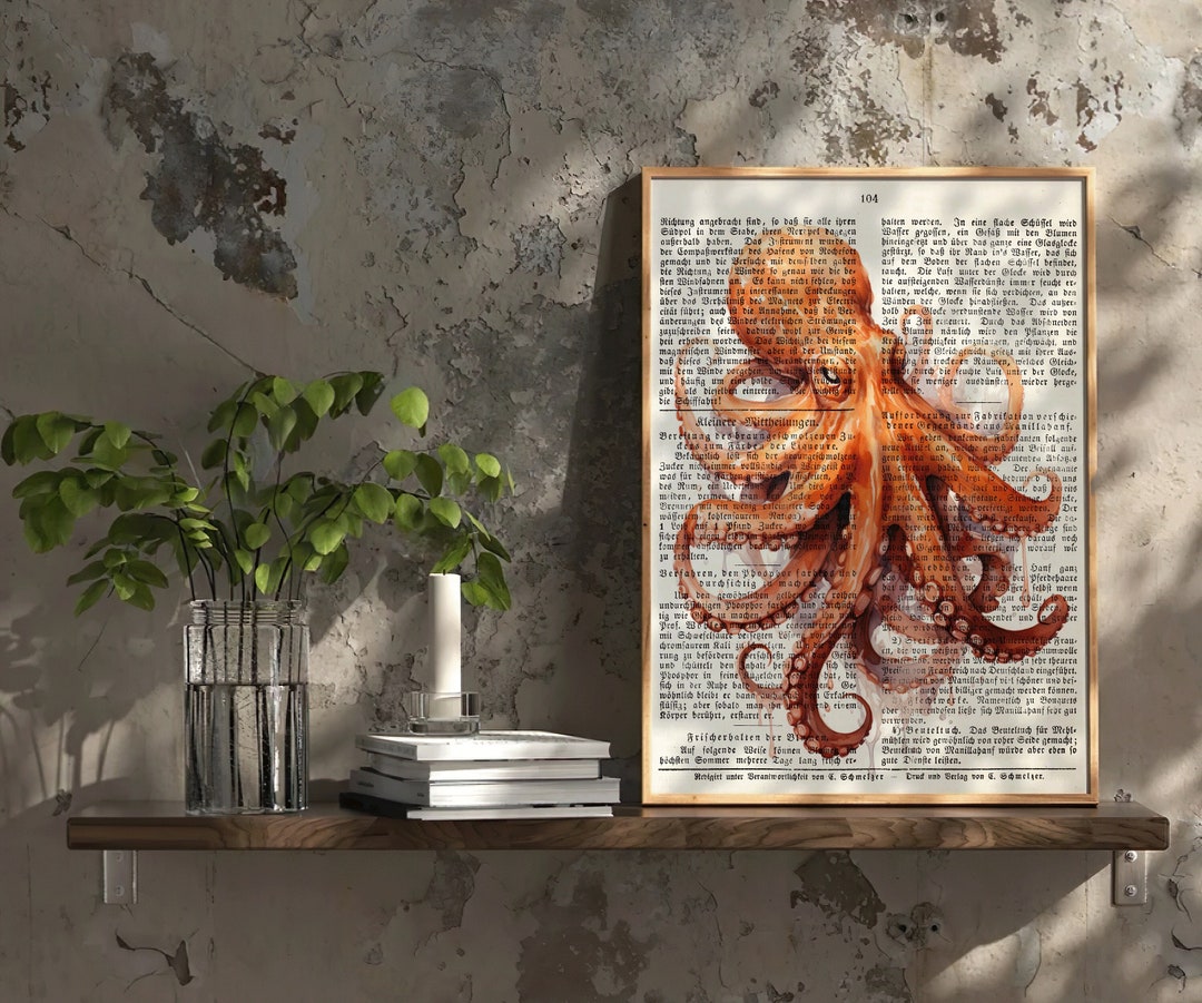 Antique Book Page Print With Watercolor Octopus - Vintage Decor for ...