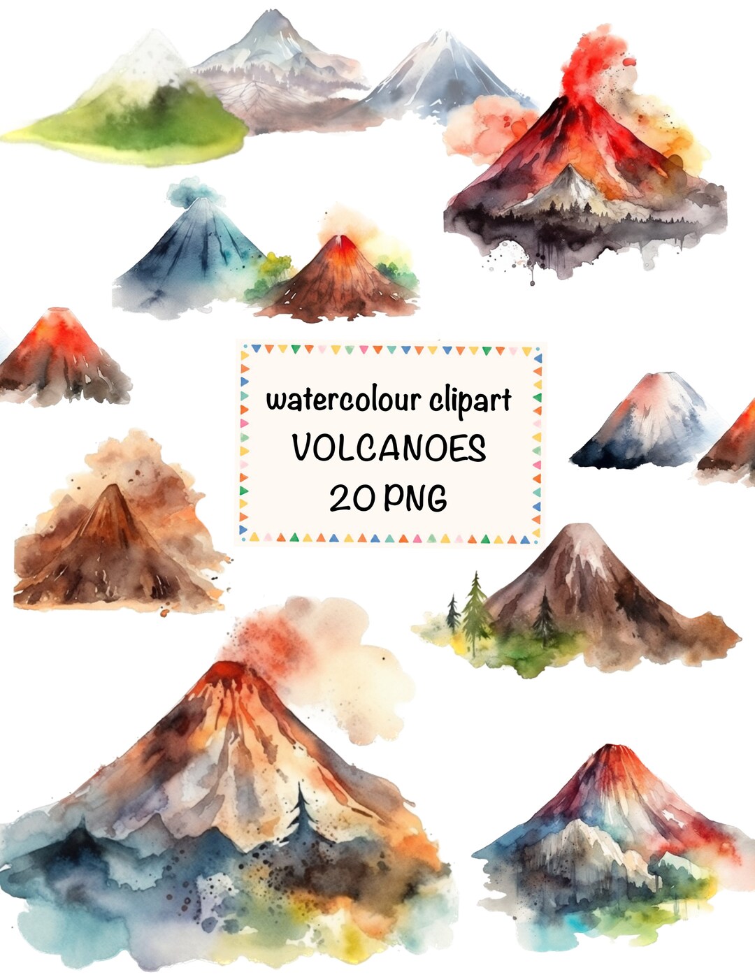 Volcanoes Watercolor Clipart, Volcanoes and Mountain Clipart, Set of ...