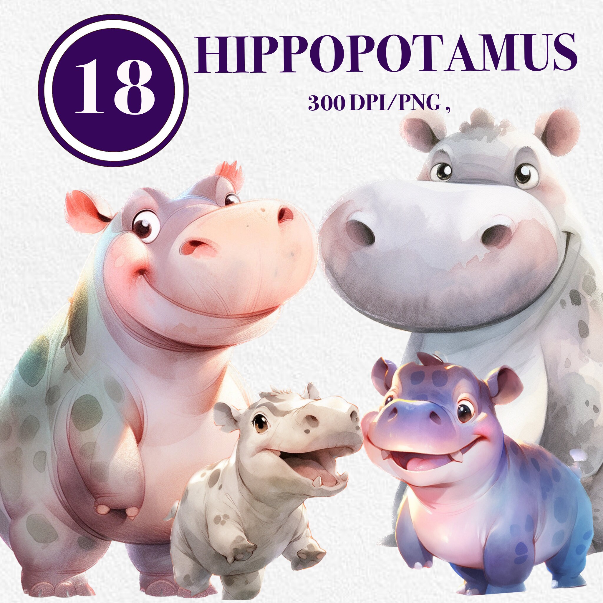 Hippos Watercolor Clipart, Safari Animals Clipart, Set of Digital PNG ...