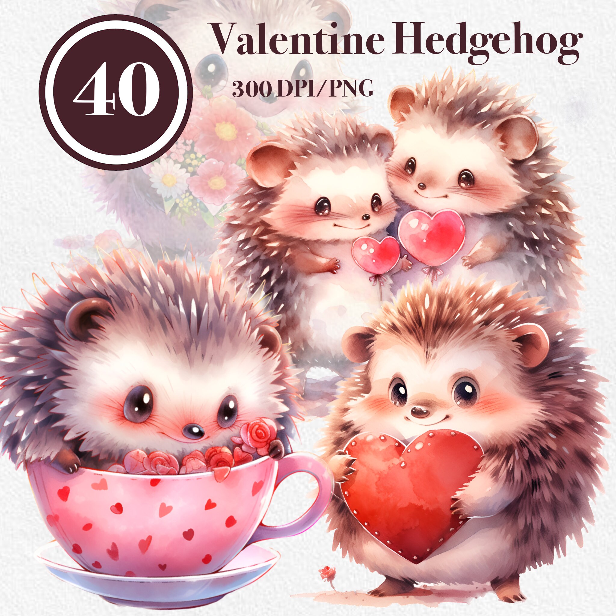 Valentines Day Hedgehog Watercolor Clipart, Valentines Day Clipart, Set ...