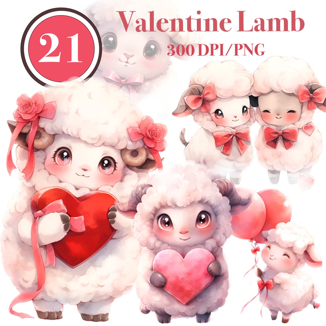 Valentines Day Lambs Watercolor Clipart, Valentines Day Clipart, Set of ...