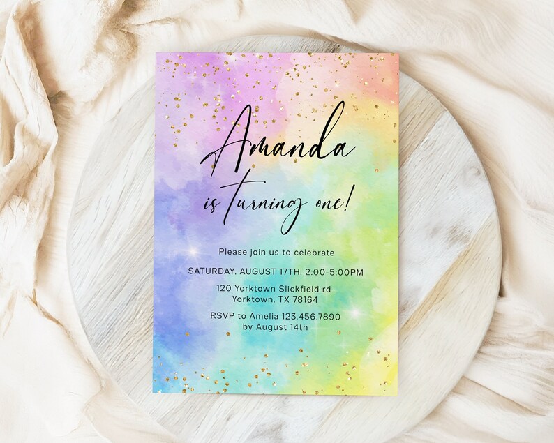 Rainbow Birthday Invitation Template, Colorful Watercolor Gold Glitter Sprinkles Ombre Pastel ...