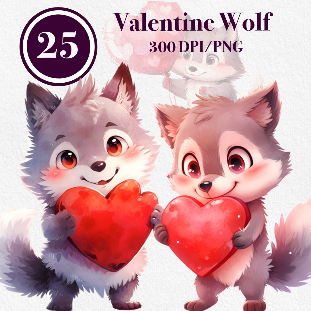 Valentines Day Wolf Watercolor Clipart, Valentine's Day Clipart, Set of ...