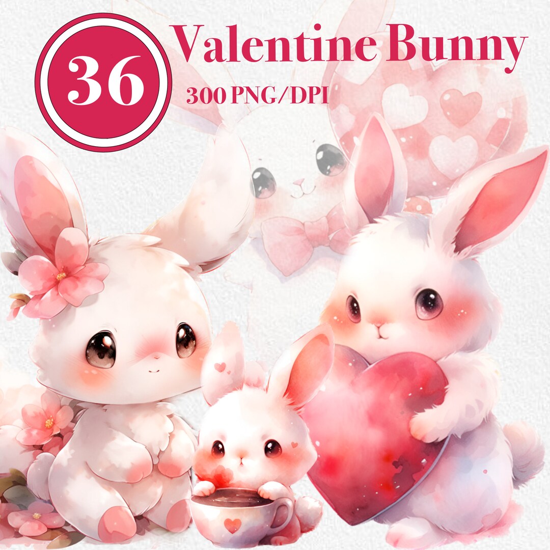 Valentines Day Rabbit Watercolor Clipart, Valentines Day Clipart, Set ...
