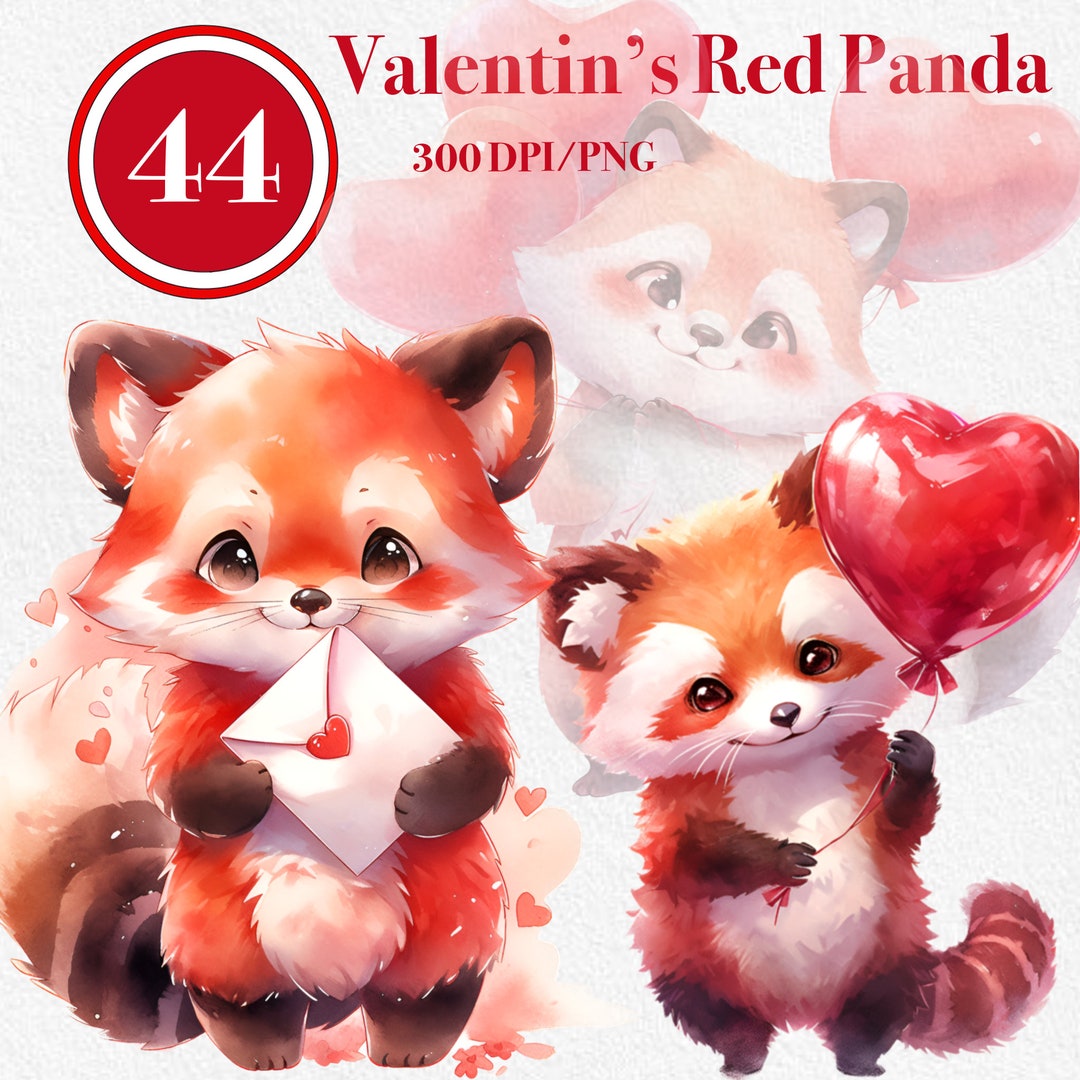 Valentines Day Red Pandas, Red Pandas Watercolor Clipart, Valentines ...