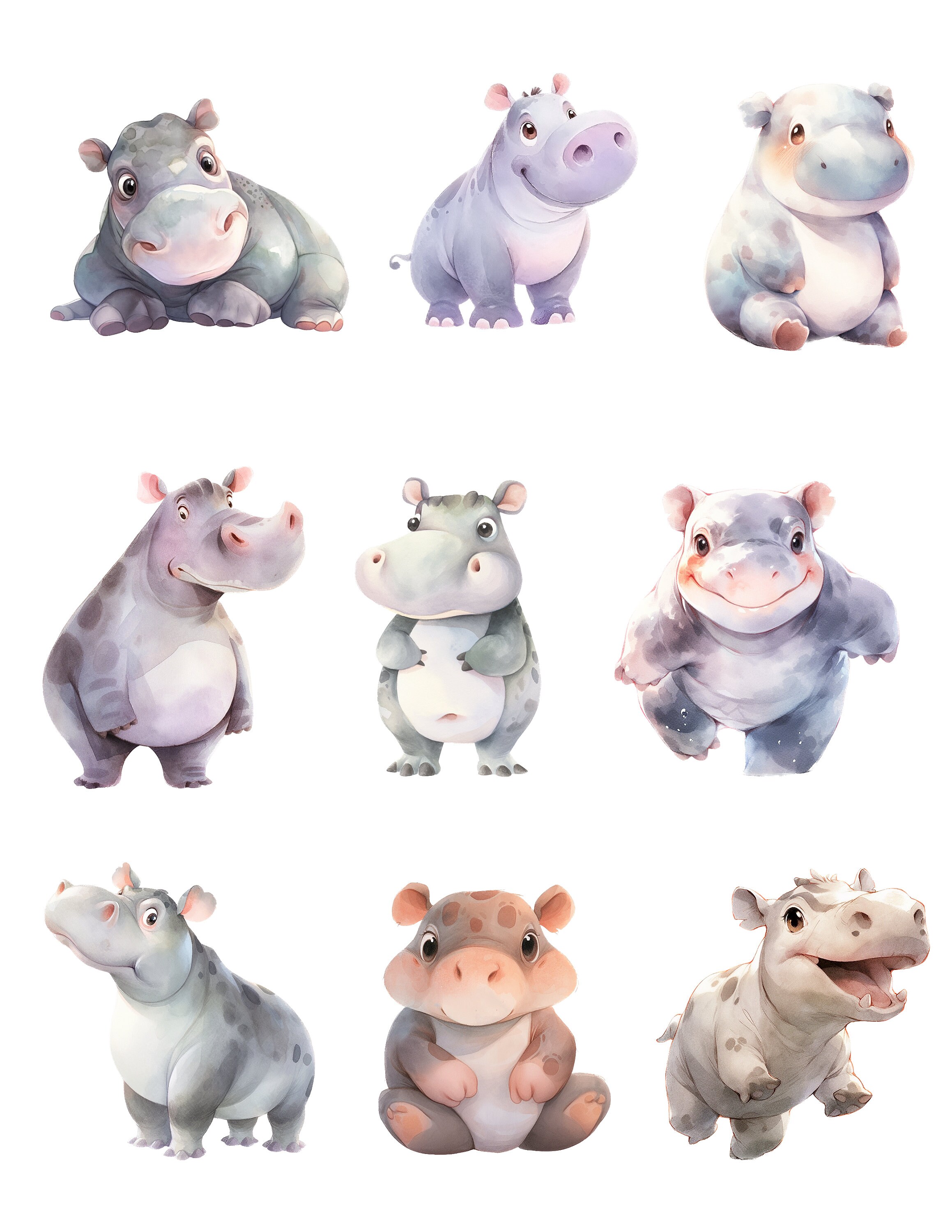 Hippos Watercolor Clipart, Safari Animals Clipart, Set of Digital PNG ...