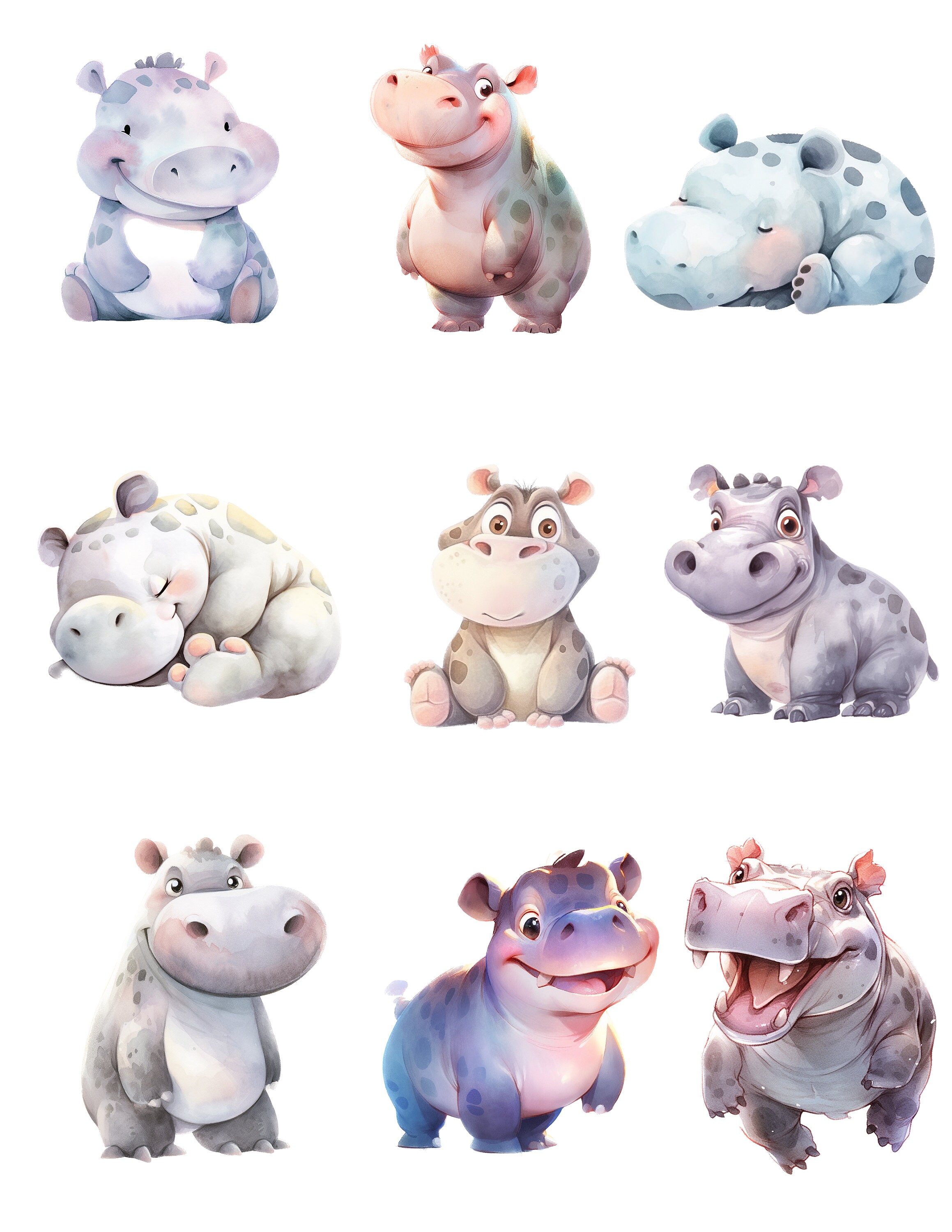 Hippos Watercolor Clipart, Safari Animals Clipart, Set of Digital PNG ...