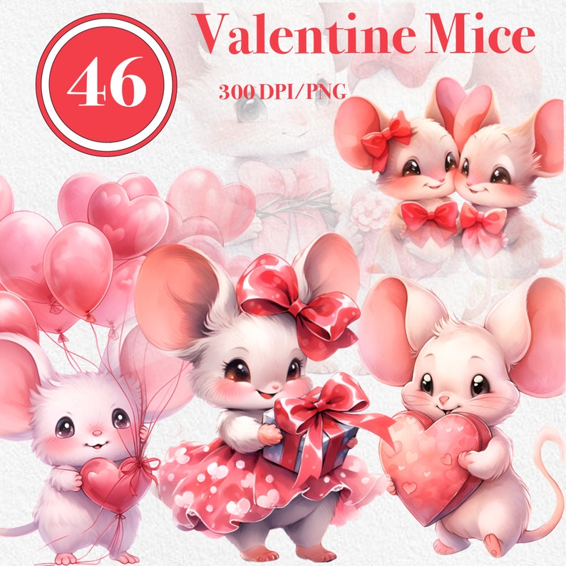 Valentines Day Mice Watercolor Clipart, Valentine's Day Clipart, Set of ...