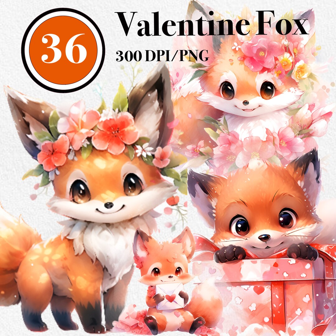 Valentines Day Fox Watercolor Clipart, Valentines Day Clipart, Set of ...