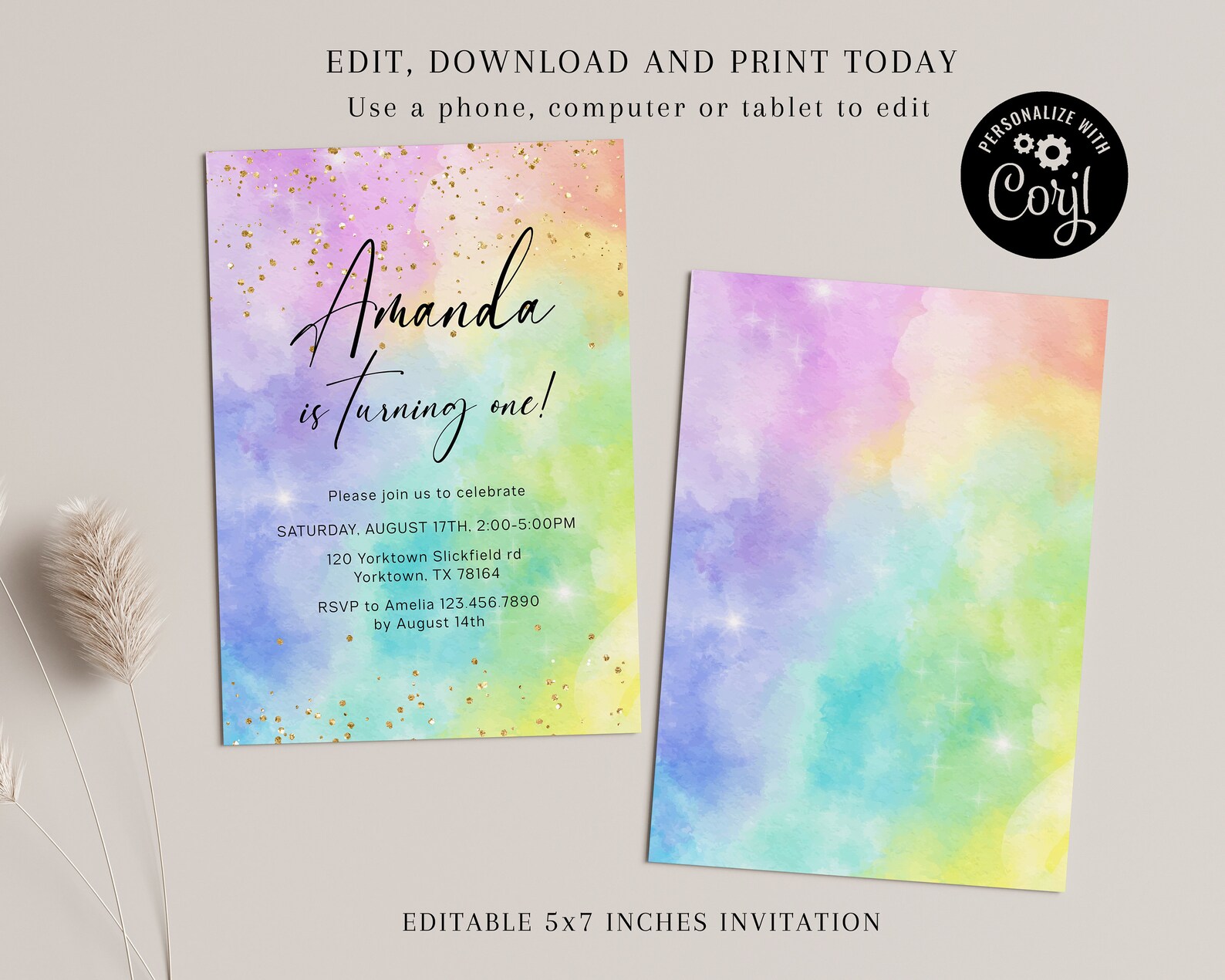 Rainbow Birthday Invitation Template, Colorful Watercolor Gold Glitter ...