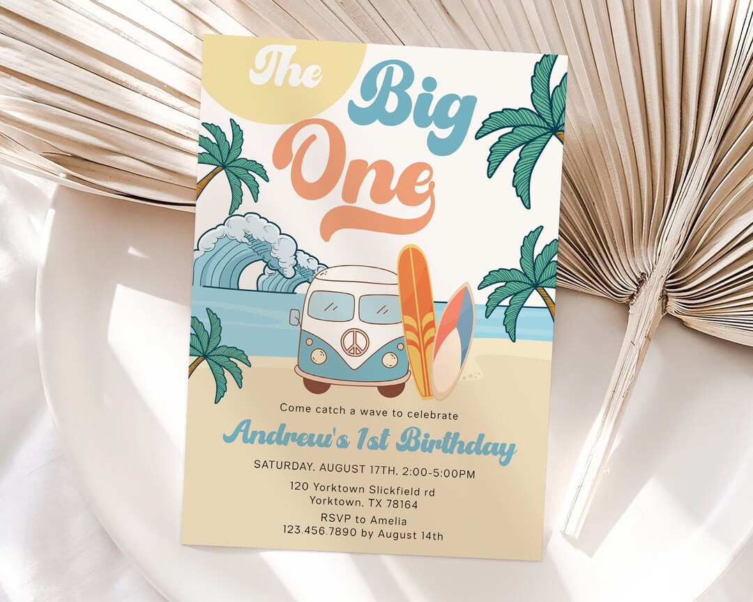 The Big One Birthday Invitation, Surfing 1st Birthday Invitation, Retro ...