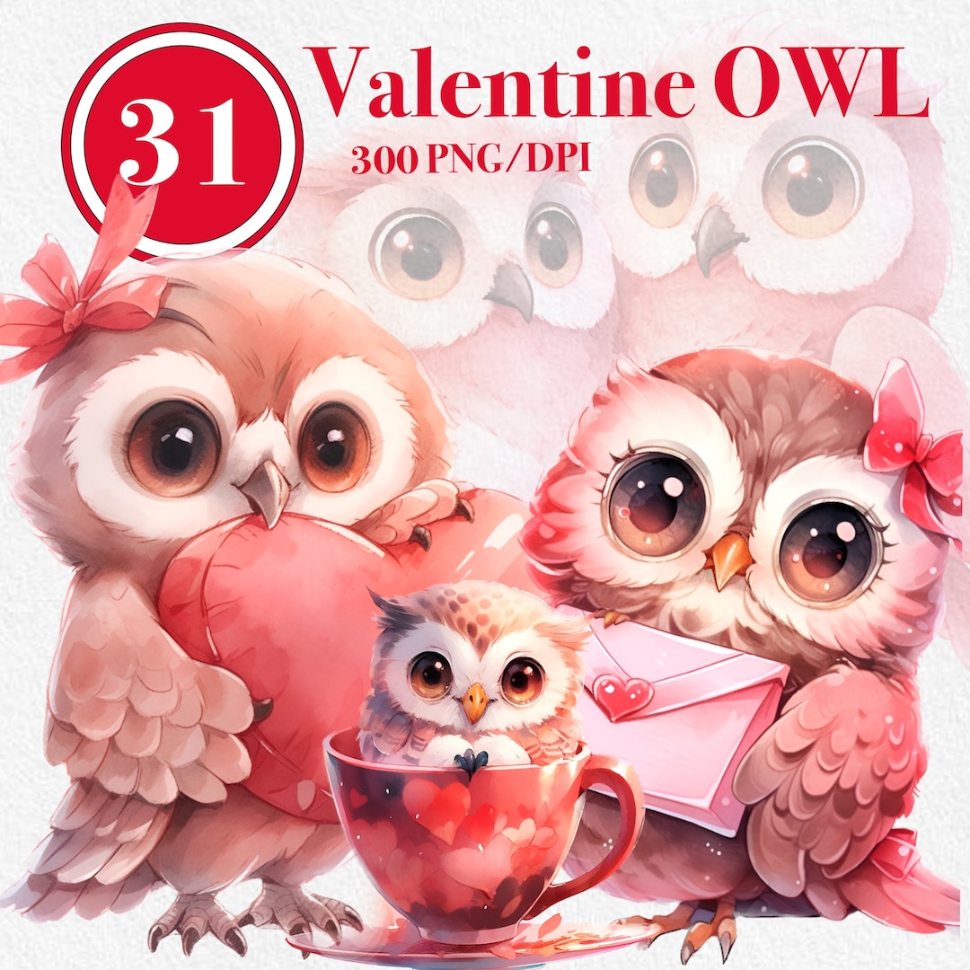 Valentines Day Owl Watercolor Clipart, Valentine&#039;s Day Clipart, Set of ...