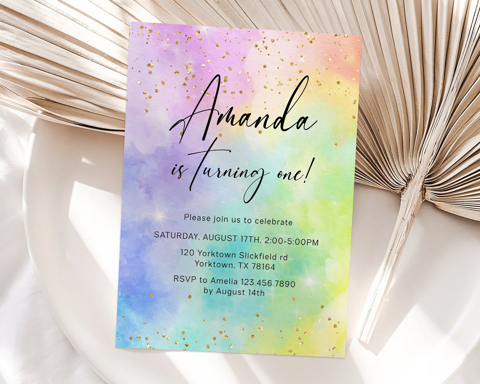 Rainbow Birthday Invitation Template, Colorful Watercolor Gold Glitter ...