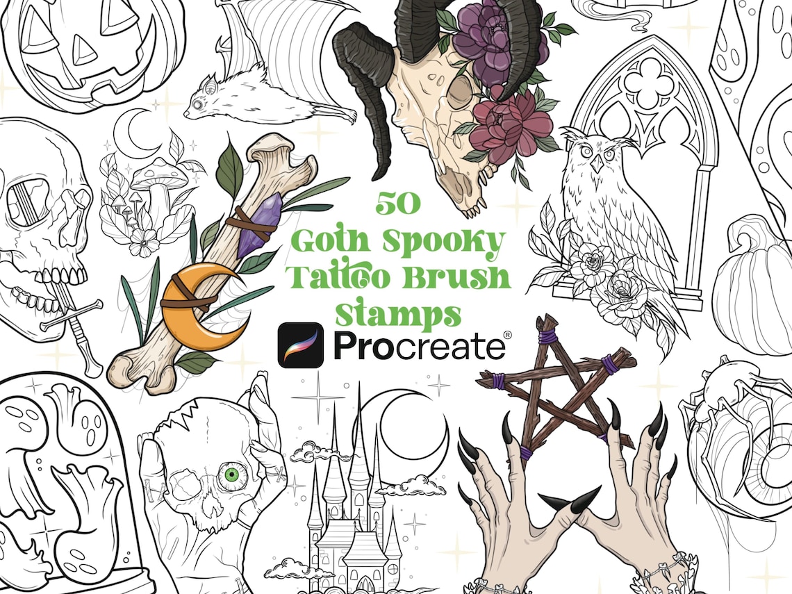 50 Goth Procreate Tattoo Stamps | Halloween Tattoo Flash | Procreate ...