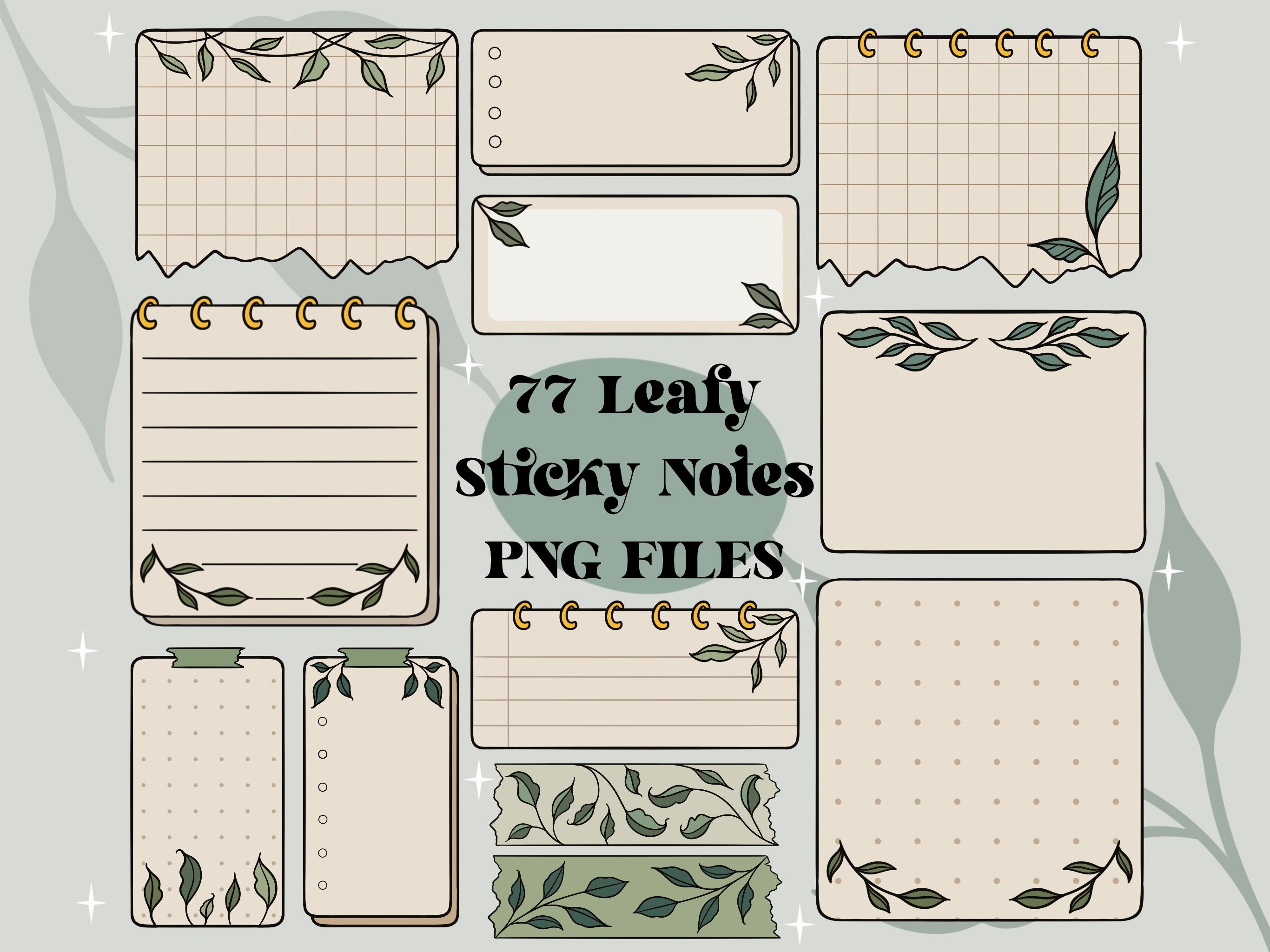 77 Leafy Beige Green Digital Sticky Notes PNG Files Digital Planner Png ...