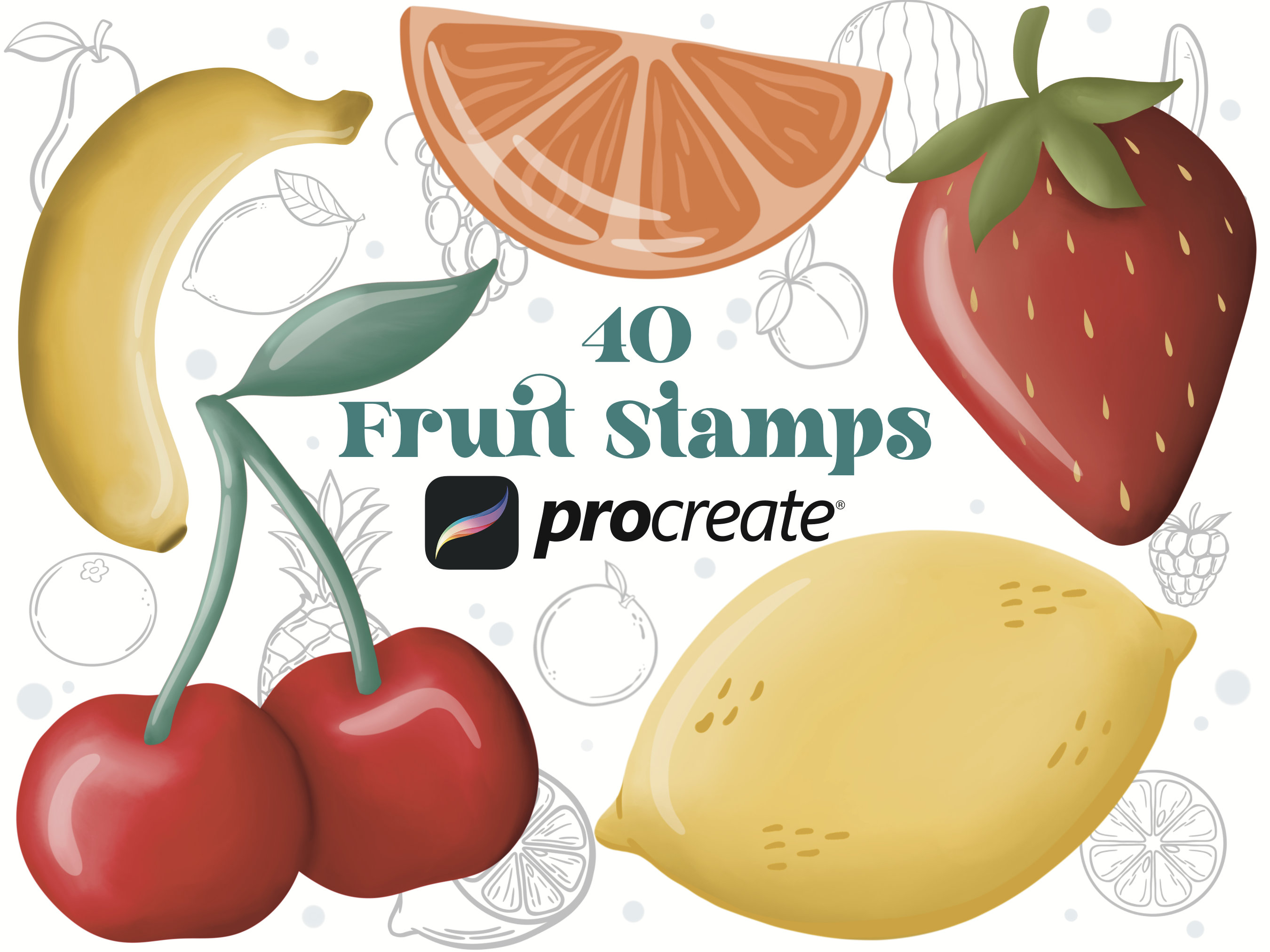 40 Fruit Procreate Stamp Brushes | Fruit Drawings | Procreate Food ...