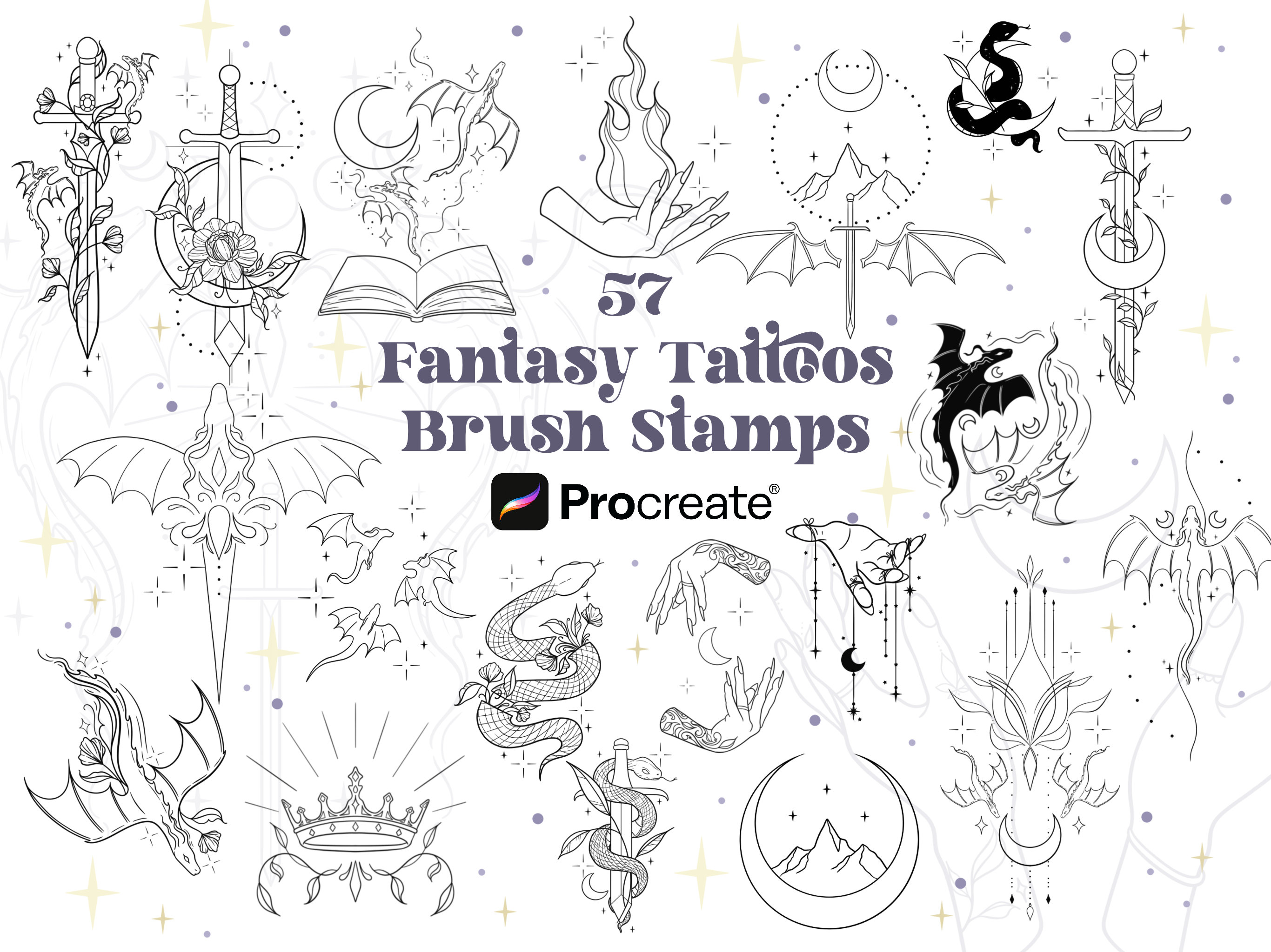 57 Fineline Fantasy Book Tattoo Procreate Stamps | Booktok Tattoos ...