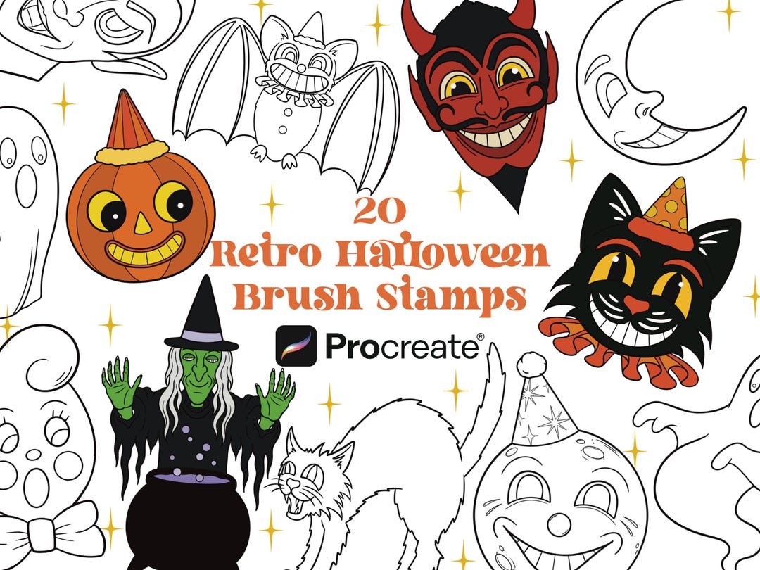 20 Retro Halloween Procreate Brush Stamps | Vintage Halloween Procreate ...