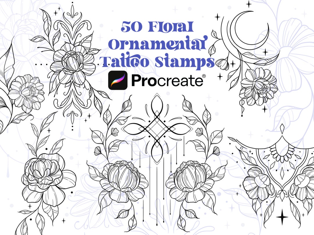 50 Floral Ornamental Tattoo Procreate Brushes | Floral Decorative ...