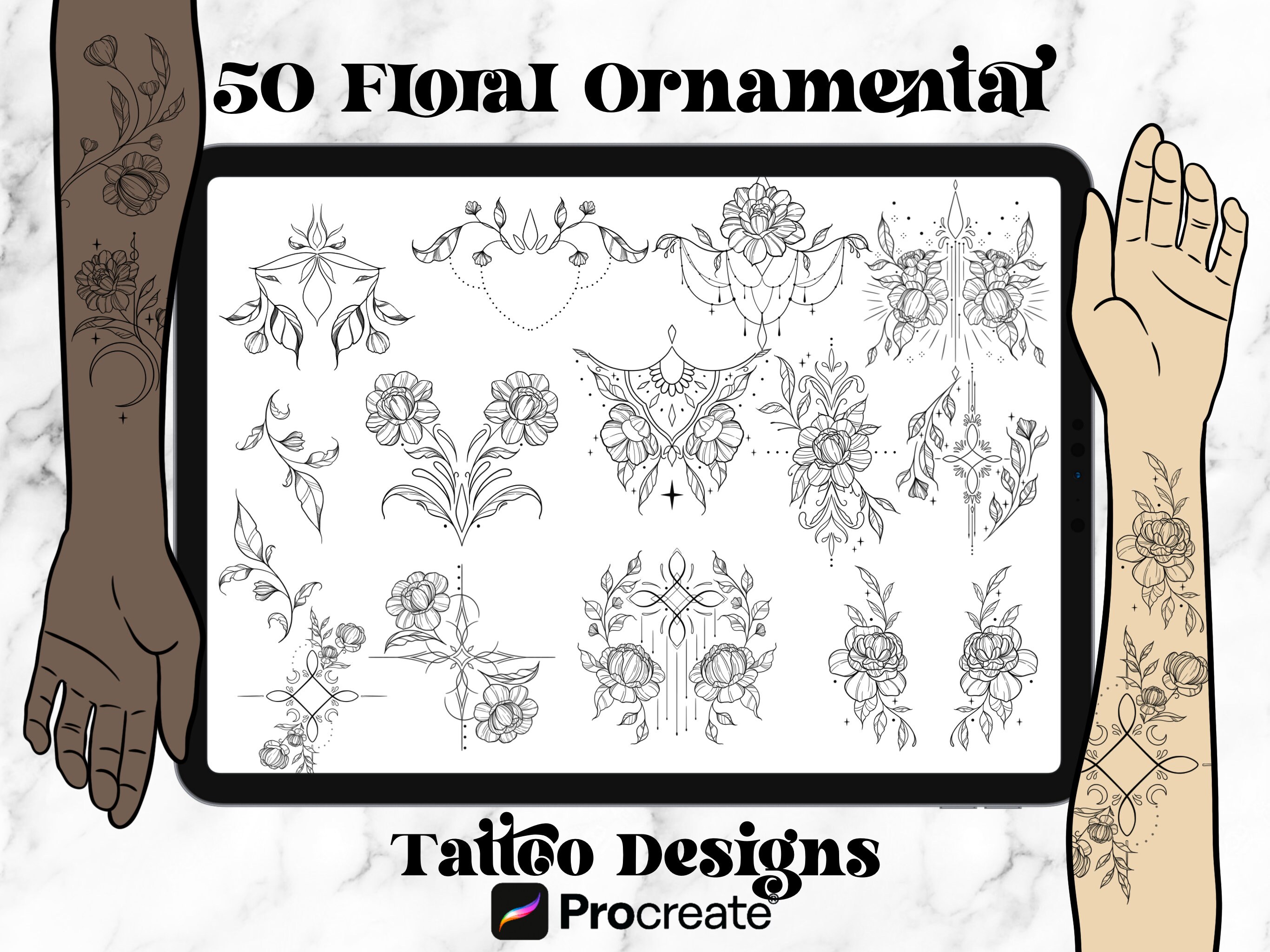 50 Floral Ornamental Tattoo Procreate Brushes | Floral Decorative ...