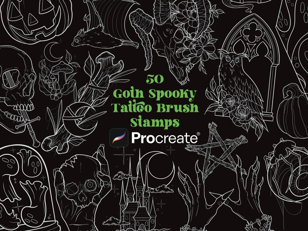 50 Goth Procreate Tattoo Stamps | Halloween Tattoo Flash | Procreate ...