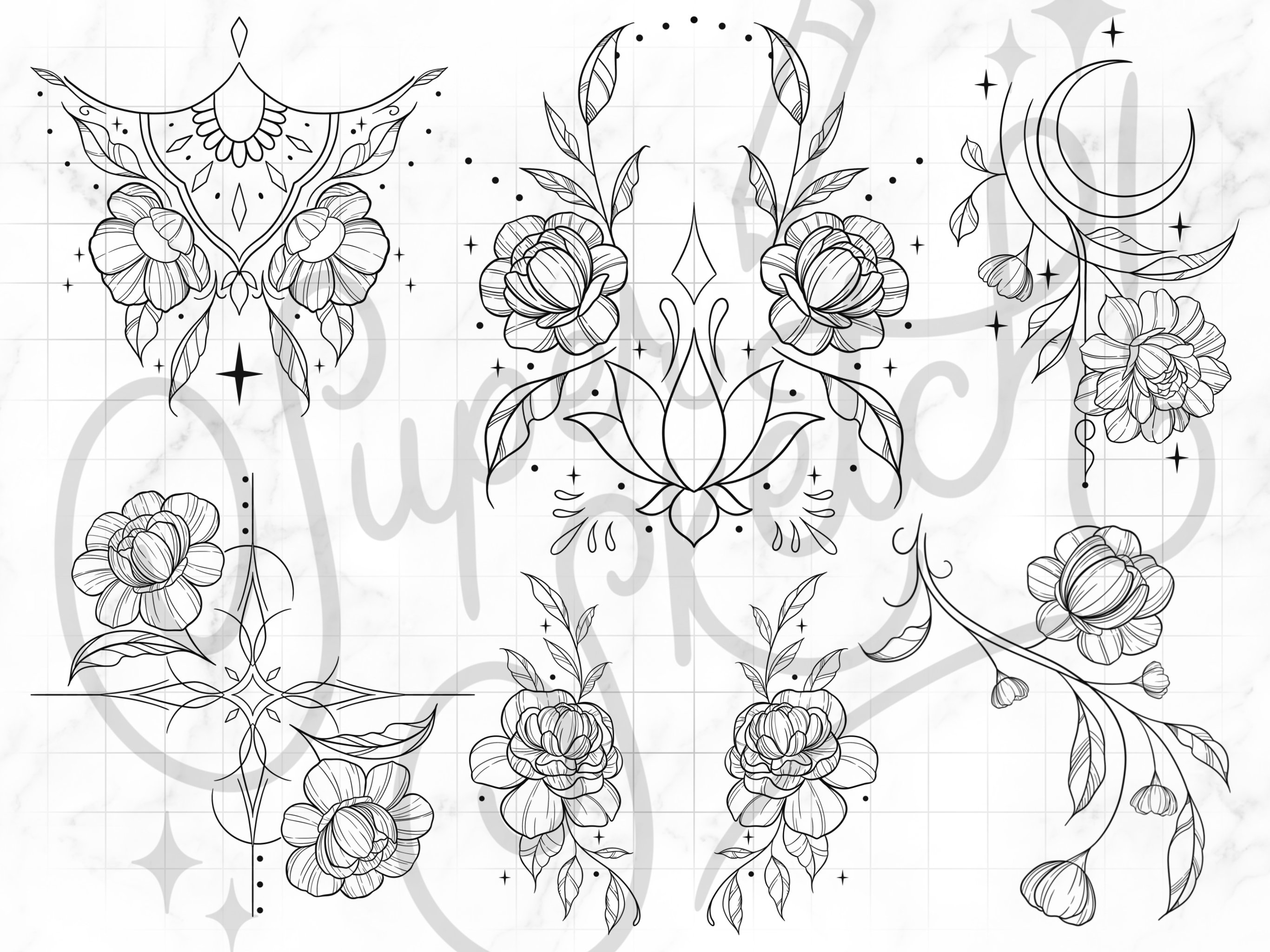 50 Floral Ornamental Tattoo Procreate Brushes | Floral Decorative ...