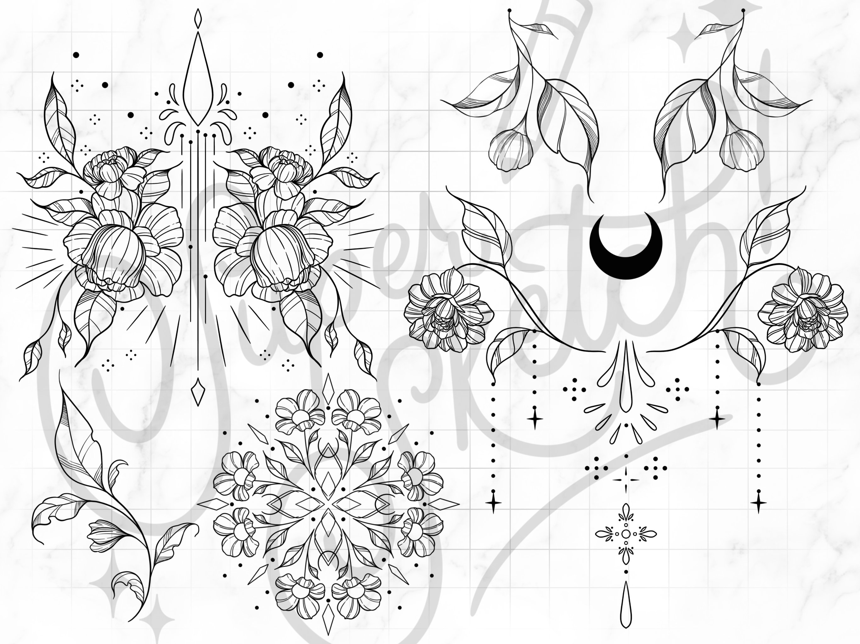 50 Floral Ornamental Tattoo Procreate Brushes | Floral Decorative ...