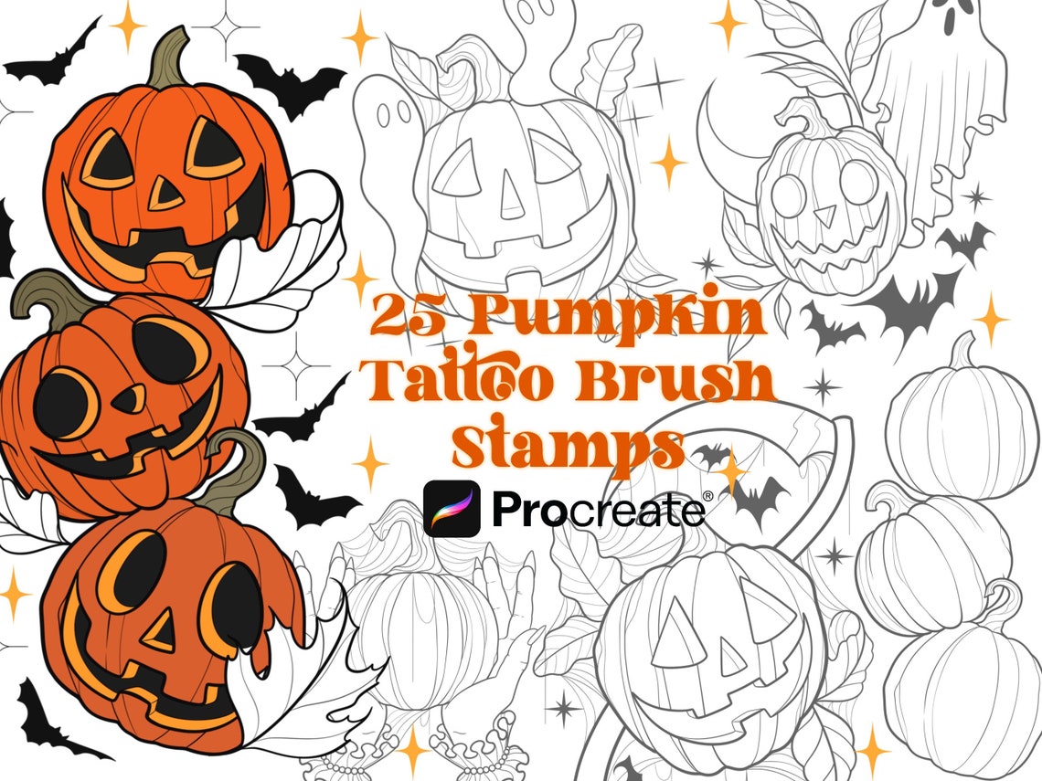 25 Pumpkin Tattoo Designs Procreate Brush Stamps Halloween Tattoo ...