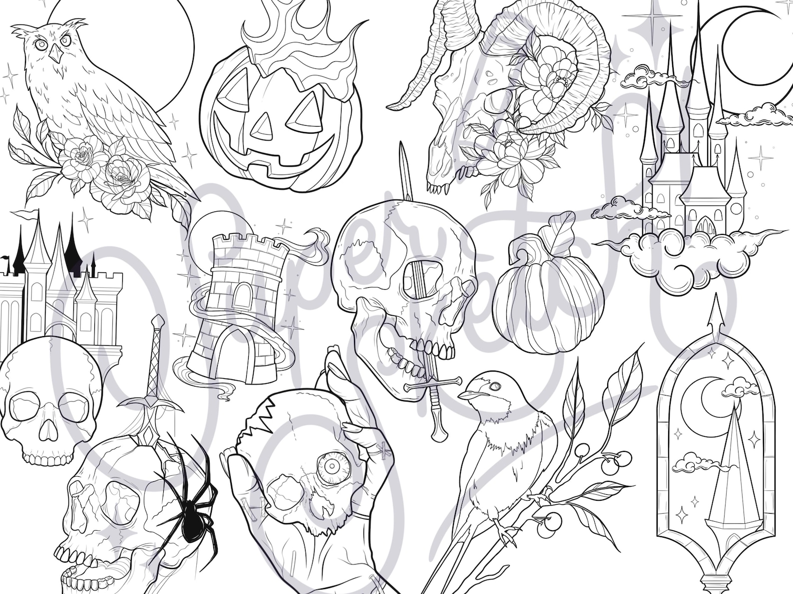 50 Goth Procreate Tattoo Stamps | Halloween Tattoo Flash | Procreate ...