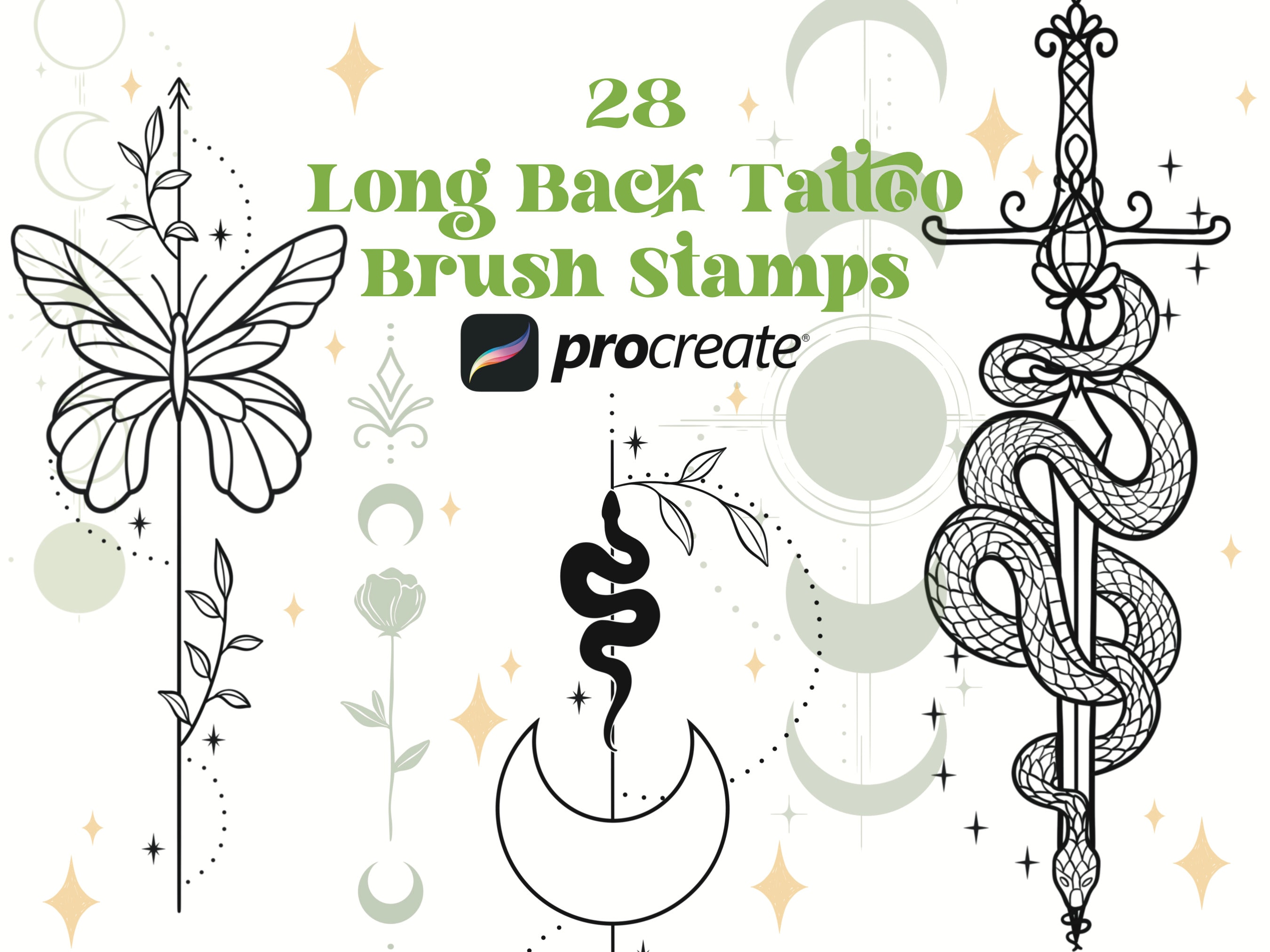 28 Long Tattoos Back Tattoos Procreate Stamps Celestial Tattoo Stamps ...