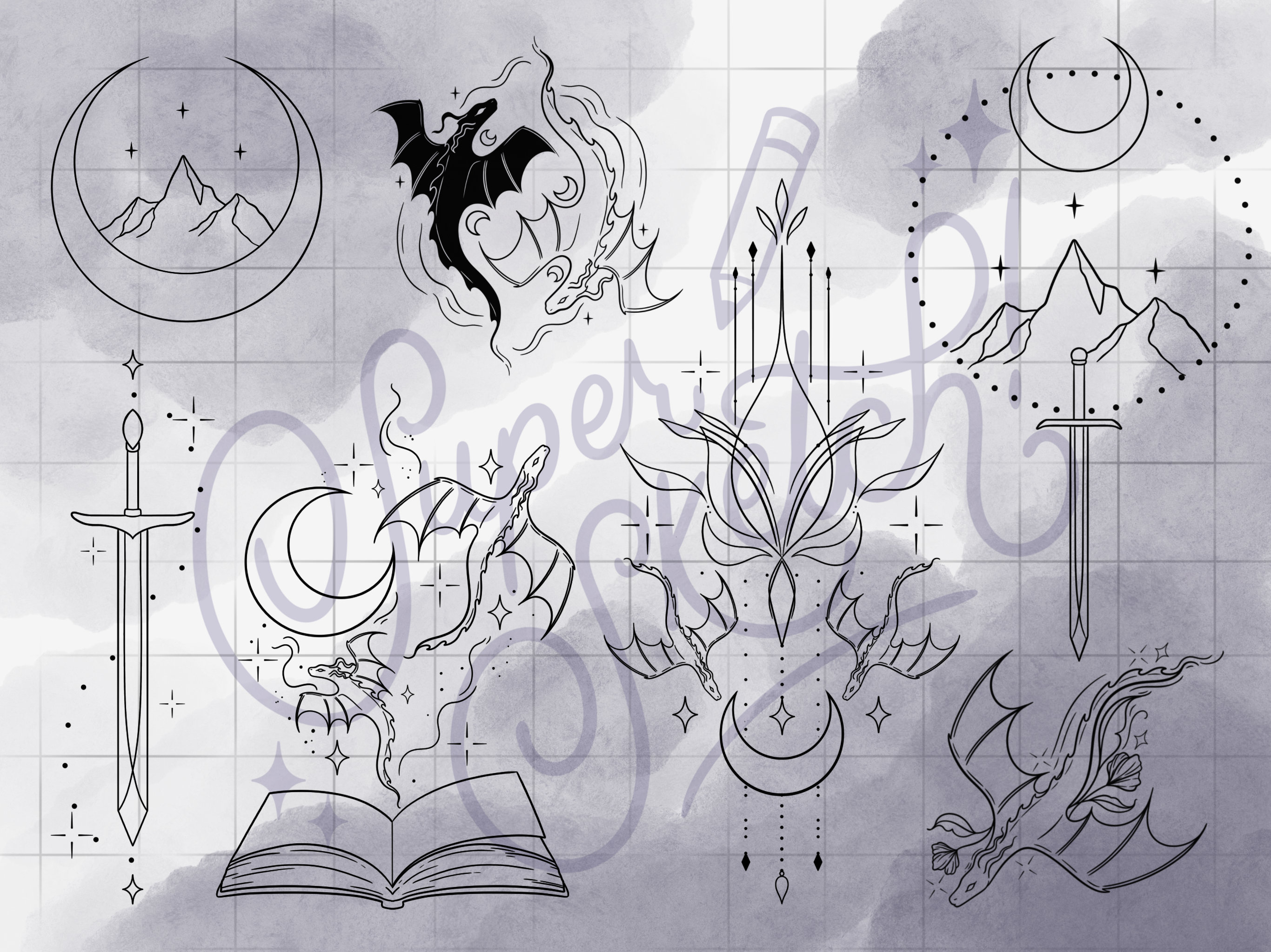 57 Fineline Fantasy Book Tattoo Procreate Stamps | Booktok Tattoos ...