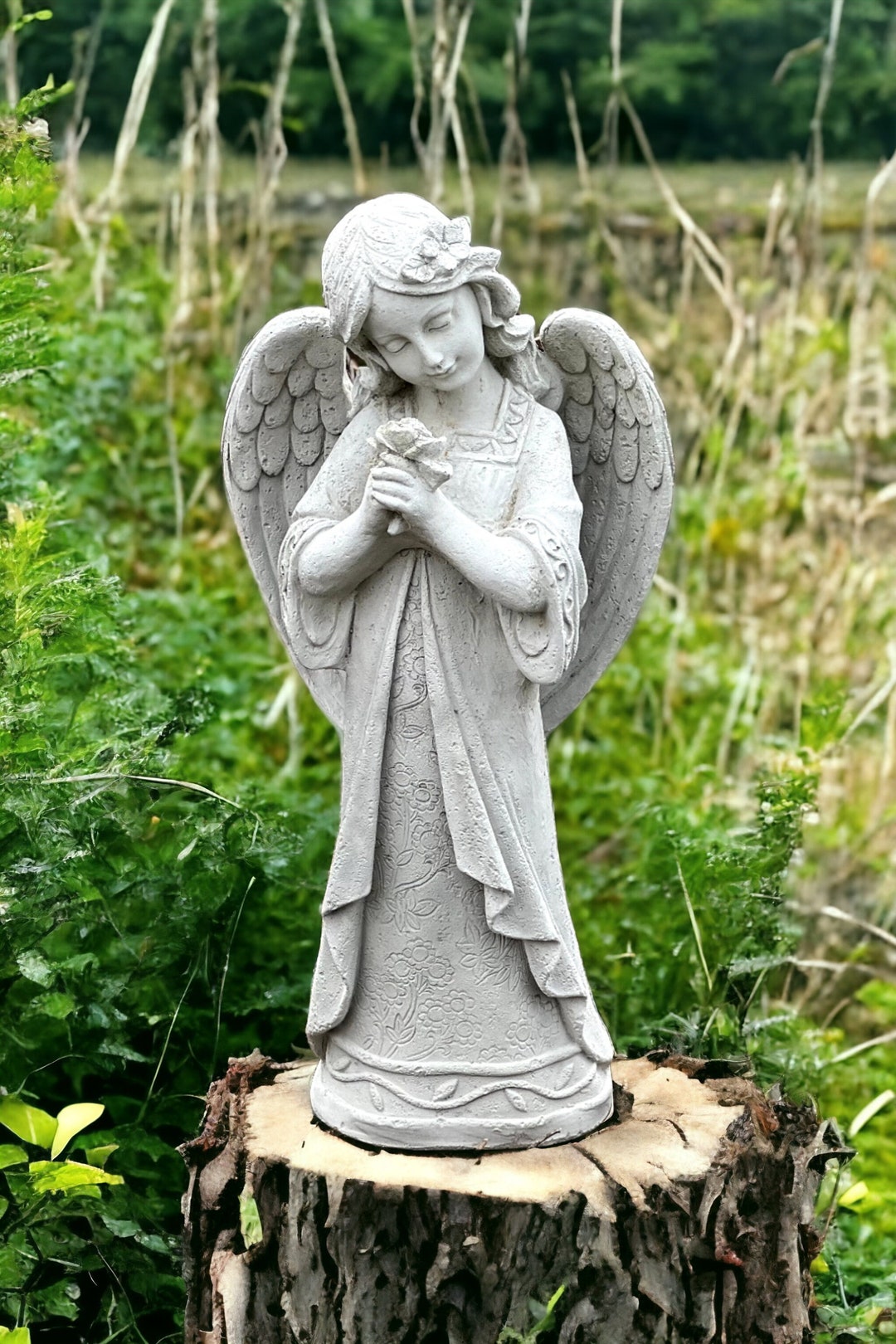 Concrete Angel With Flowers Statuary Detailed Angel Figure - Etsy