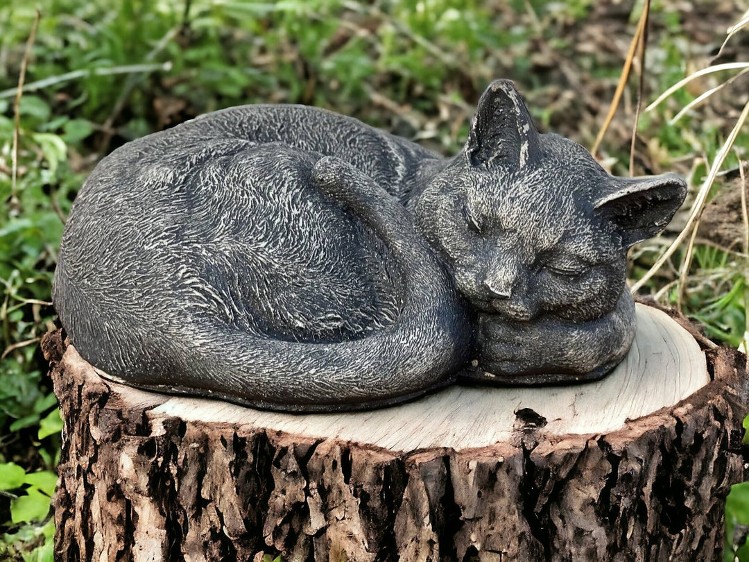 Black Kitten Laying on Side Statue Stone Cat Curled up Figure Laying ...