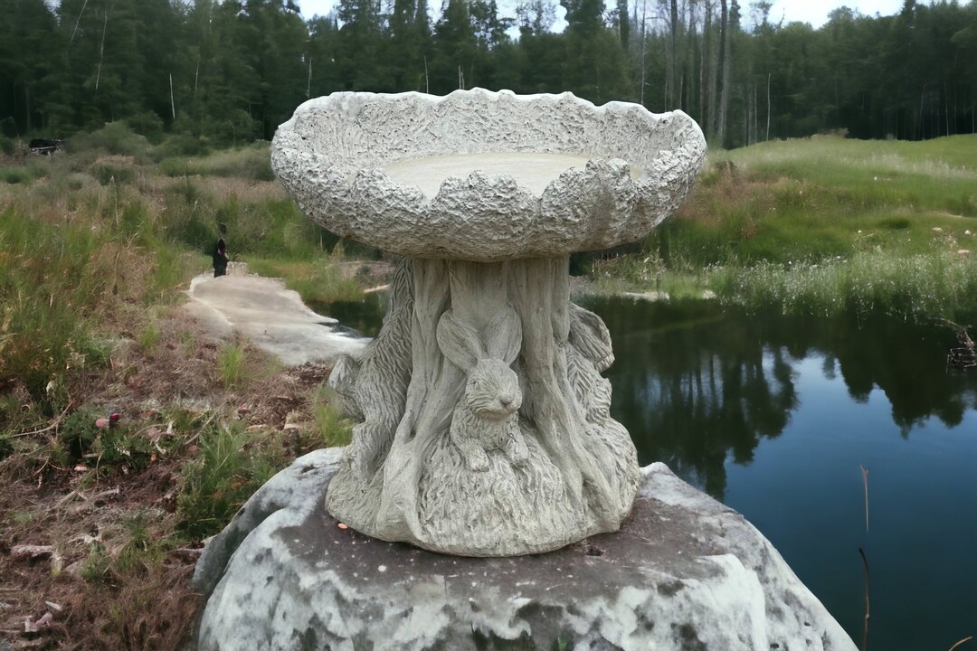 Detailed Birds Bath With Rabbits Statue Concrete Rabbits Pot - Etsy