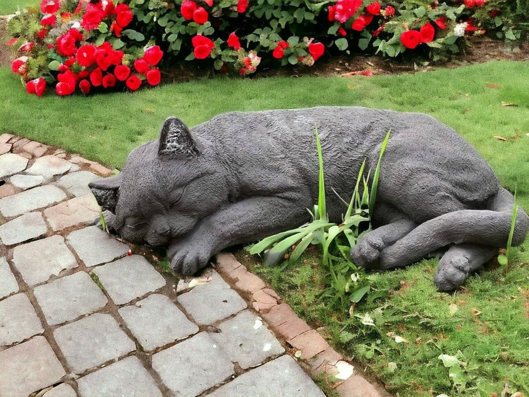 Long Laying Cat Statue Stone Detailed Kitten Figurine Outdoor - Etsy