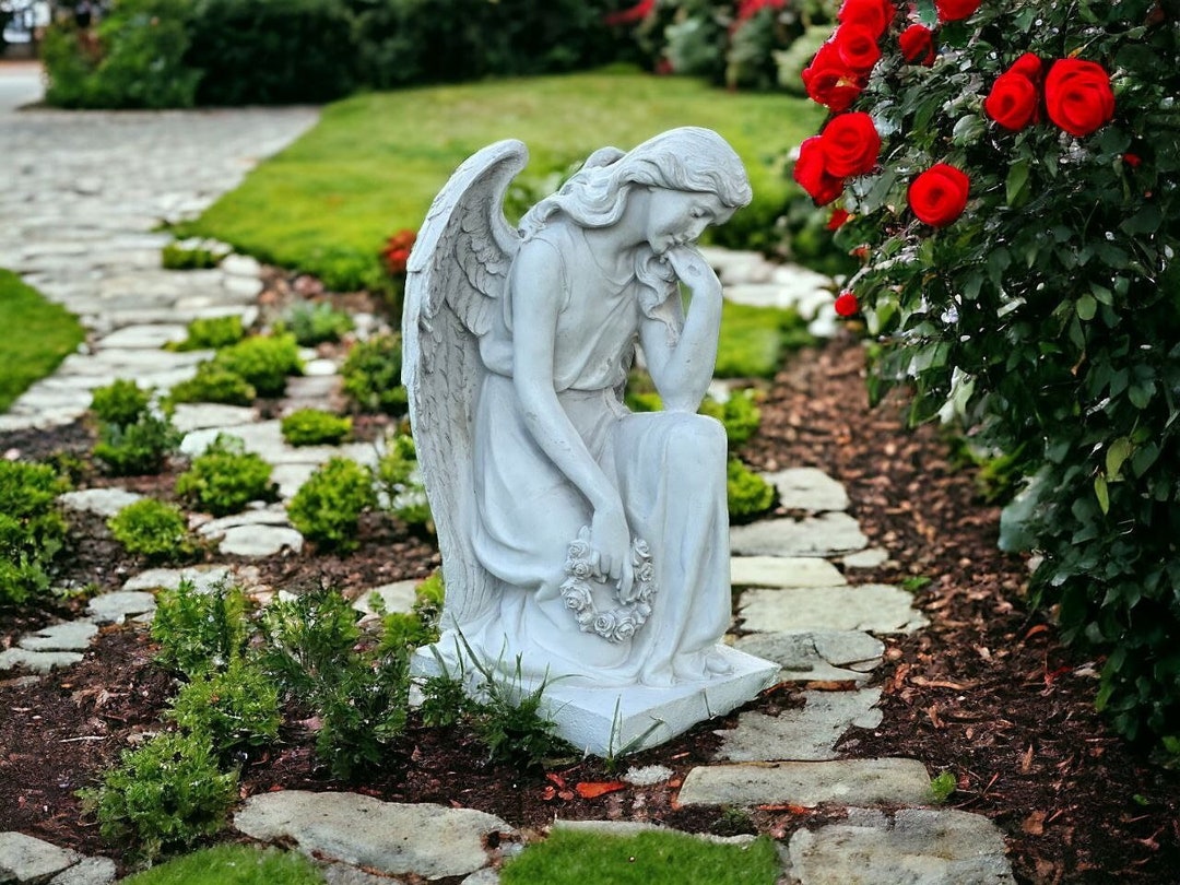 Massive Angel Standing on One Knee Statue Concrete Kneeling on Base ...