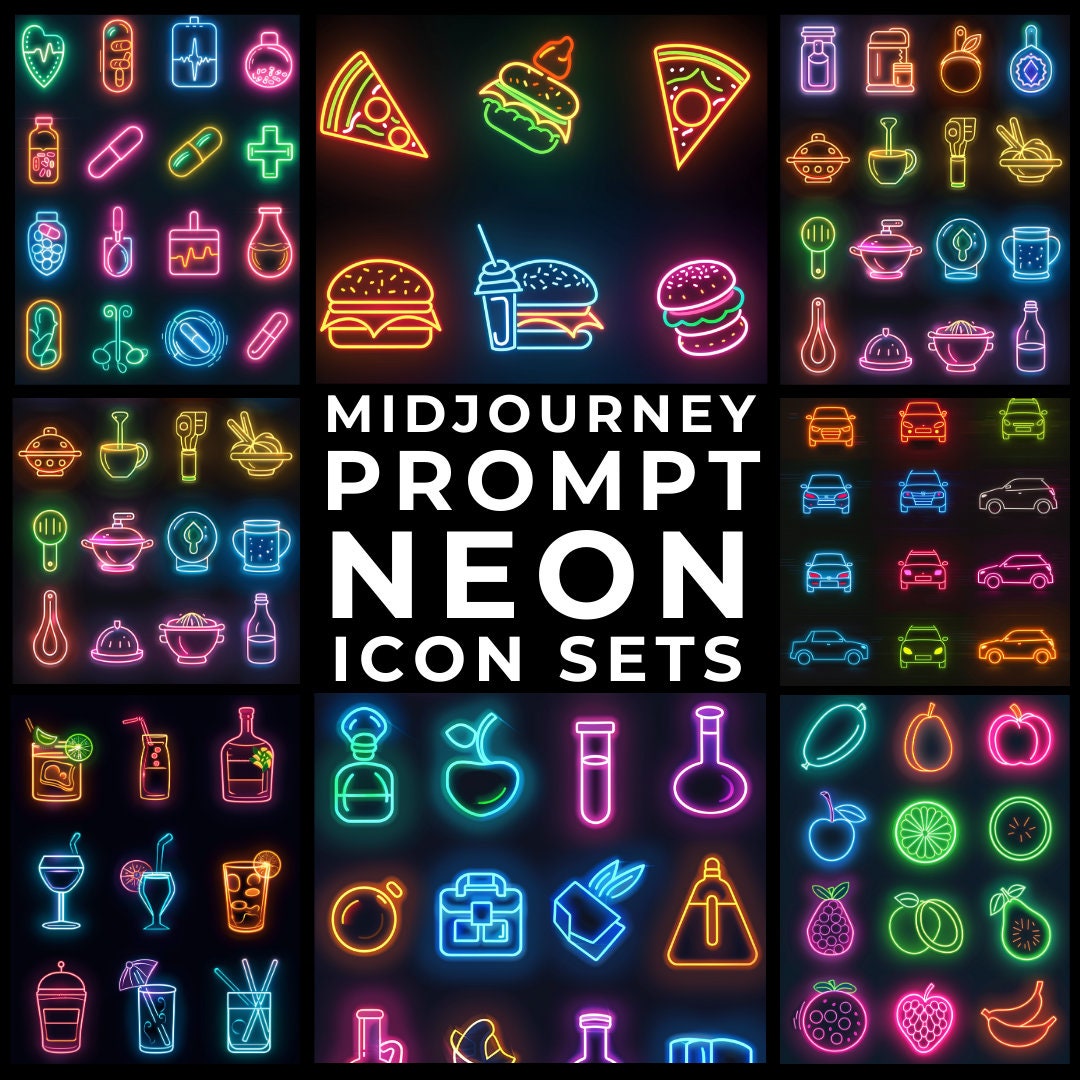 Midjourney Prompts+images: Neon Icon Sets | Modern & Sleek Design ...