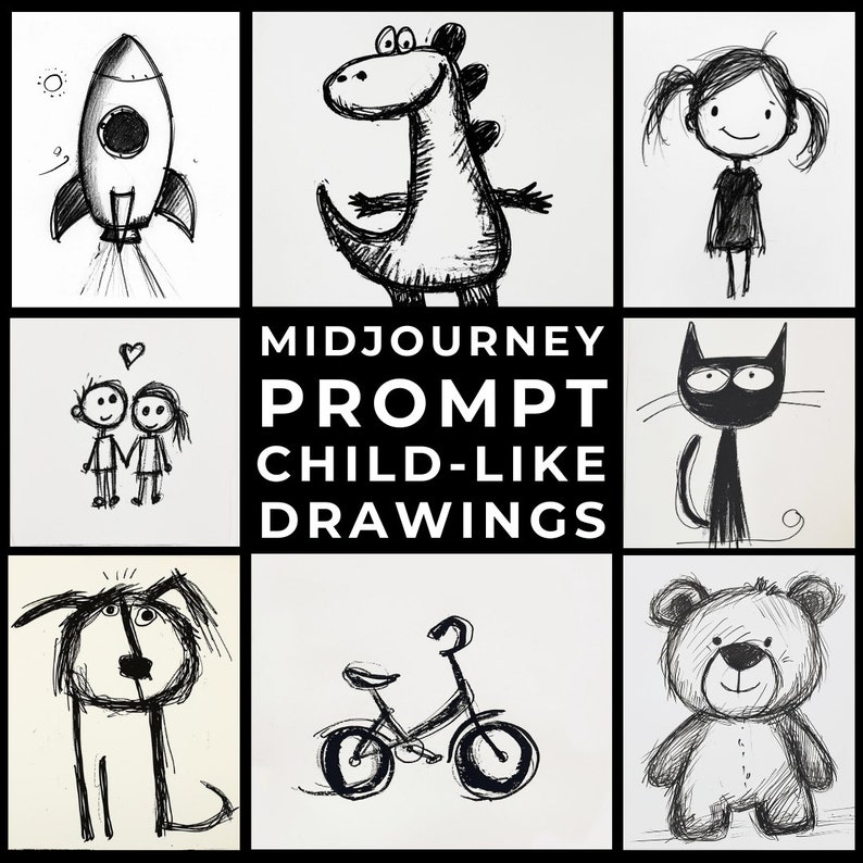 Midjourney Promptsimages: Black & White Naive Art Childlike Drawings ...