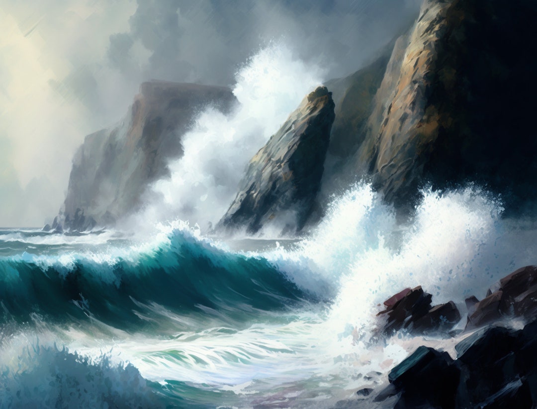 Cliffside Ocean Waves Oil Painting Digital Print - Etsy