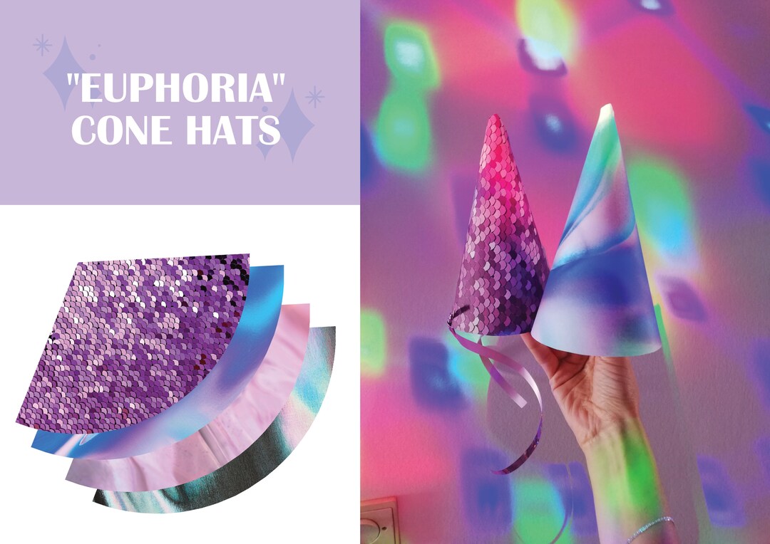 4 "euphoria" Cone Hats, Printable Cone Hats, Party Hats, Girly Cone ...