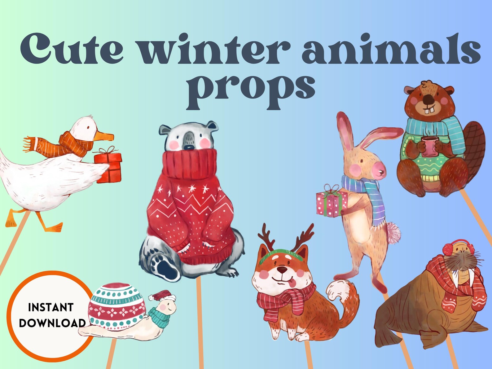 Cute Winter Animals Props, Printable Photobooth Props, Cake Topper, DIY ...