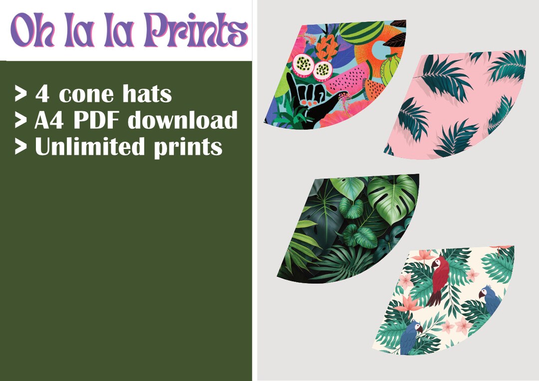 4 "tropical" Cone Hats, Printable Cone Hats, Party Hats, Jungle Cone ...