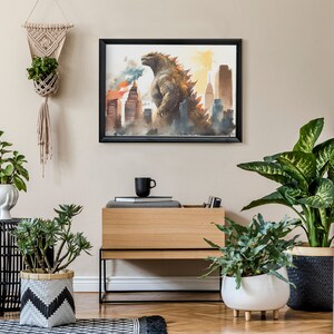 Godzilla Cityscape Watercolor, Godzilla Gifts for Him, Monster Movie ...