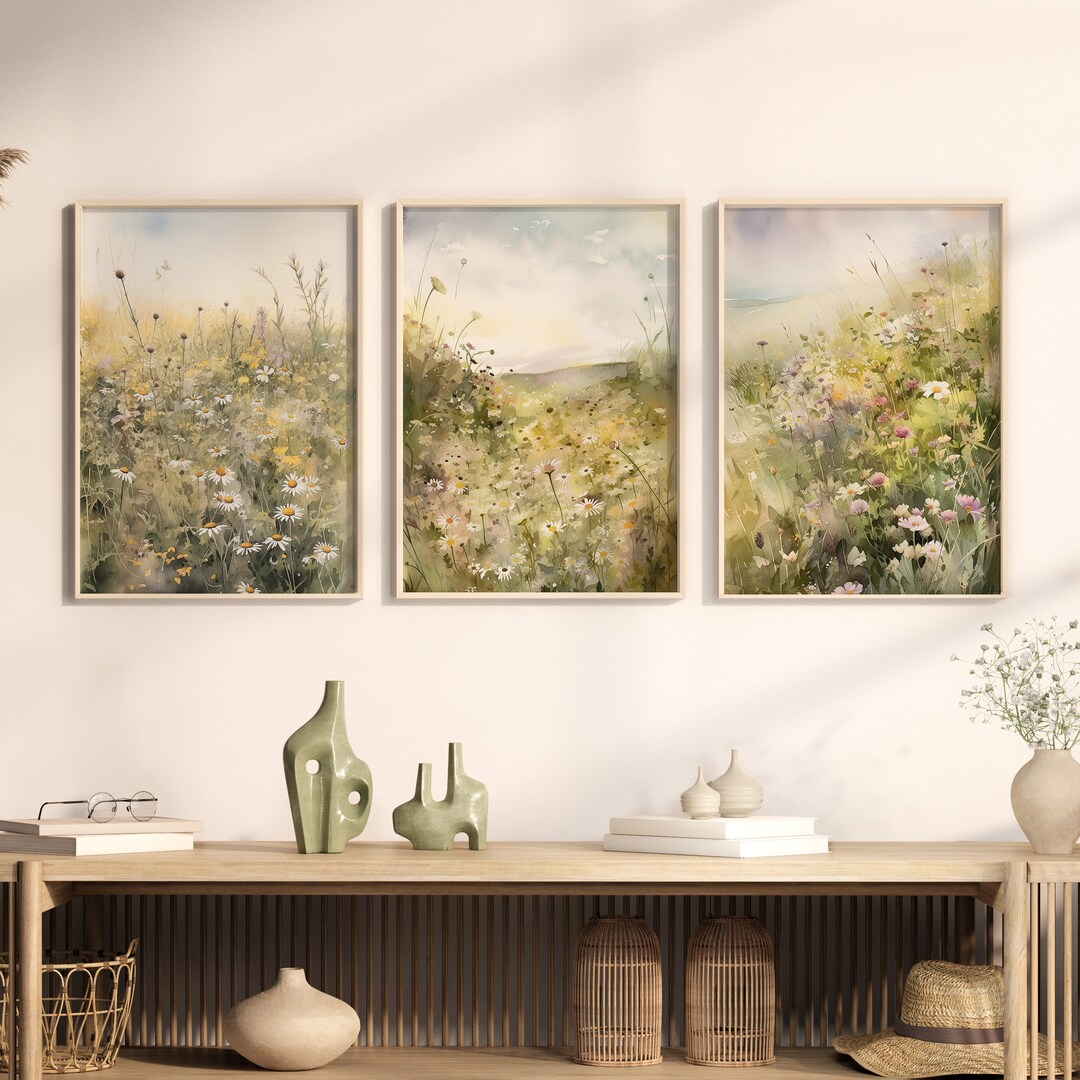 Muted Wildflower Portrait Set of 3, Spring Meadow, Watercolor, French ...
