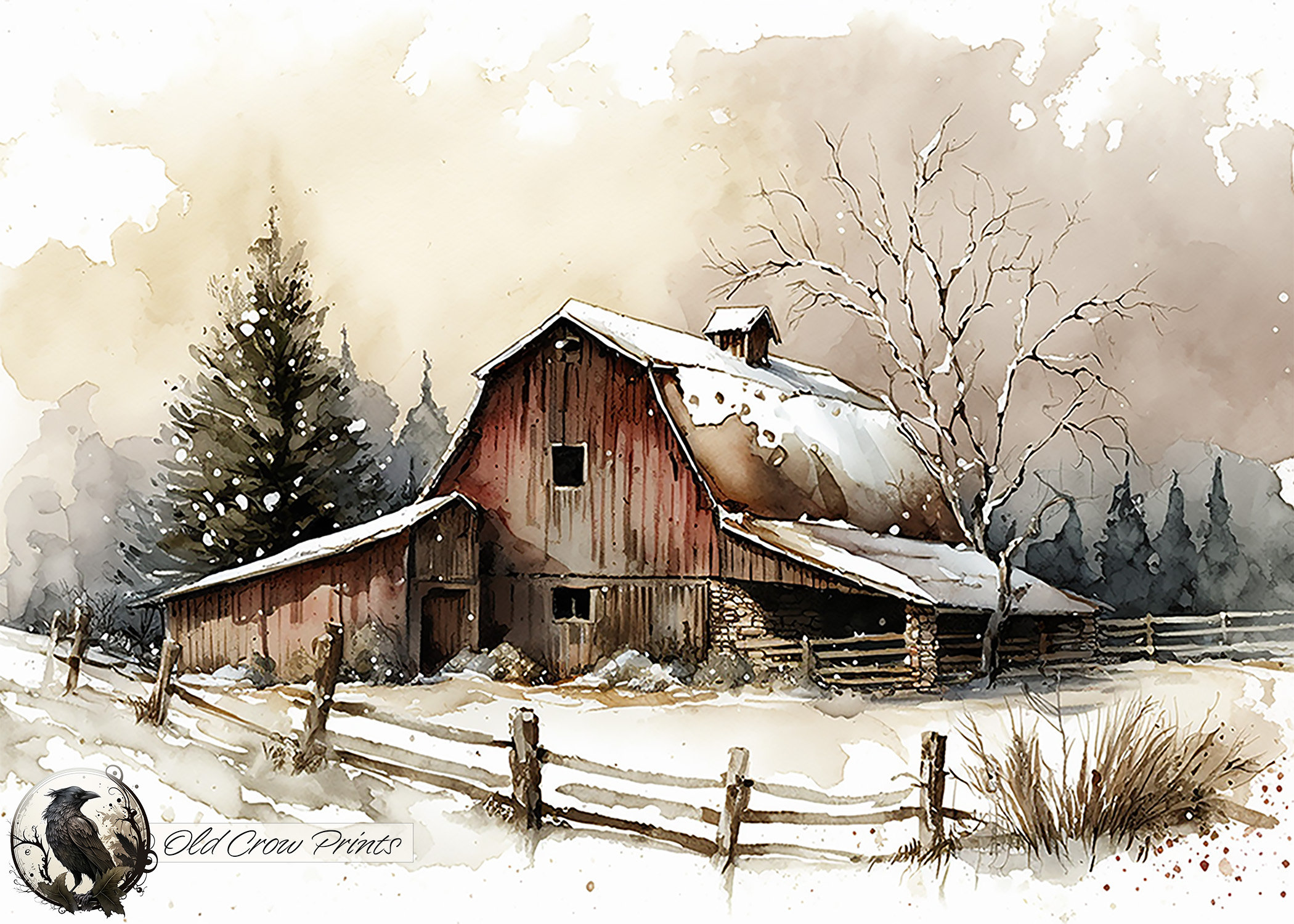 Barn in Winter, Watercolor Painting, Digital Print, Western Artwork ...