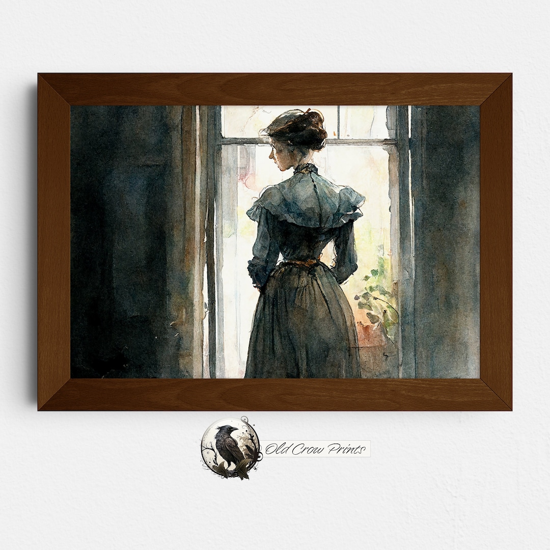 Victorian Lady at Window Vintage Watercolor Painting, Antique Home ...