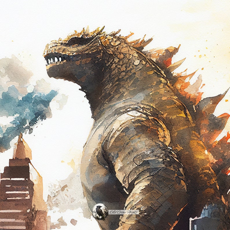 Godzilla Cityscape Watercolor, Godzilla Gifts for Him, Monster Movie ...