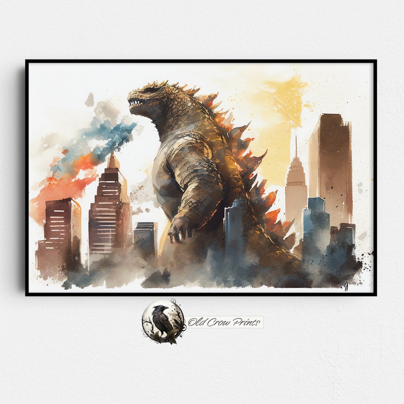 Godzilla Cityscape Watercolor, Godzilla Gifts for Him, Monster Movie ...